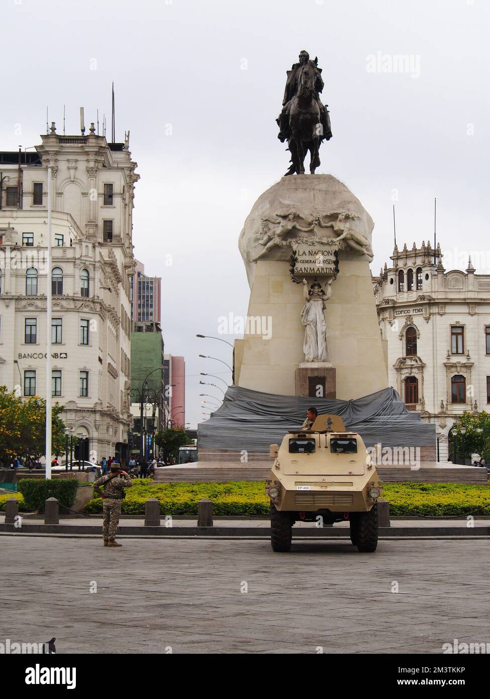 Armored vehicle of the Peruvian Army parked next to the monument to ...