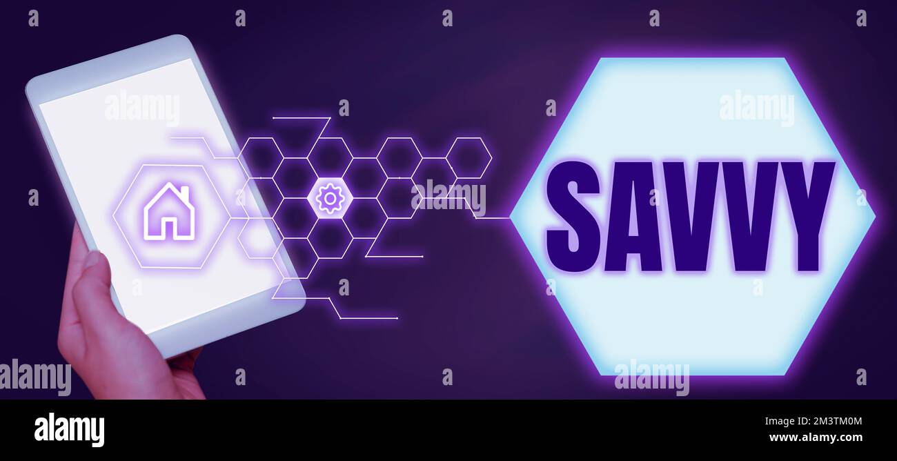 Hand writing sign Savvy, Word Written on having perception ...