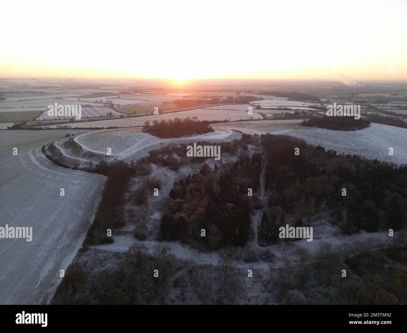 Wittenham Clumps Autumn snow aerial photography. Winter landscape ...
