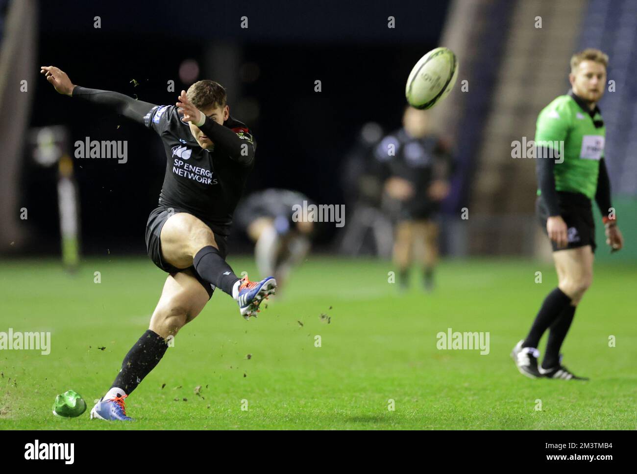 Glasgow Warriors' Tom Jordan kicks a conversion during the EPCR ...