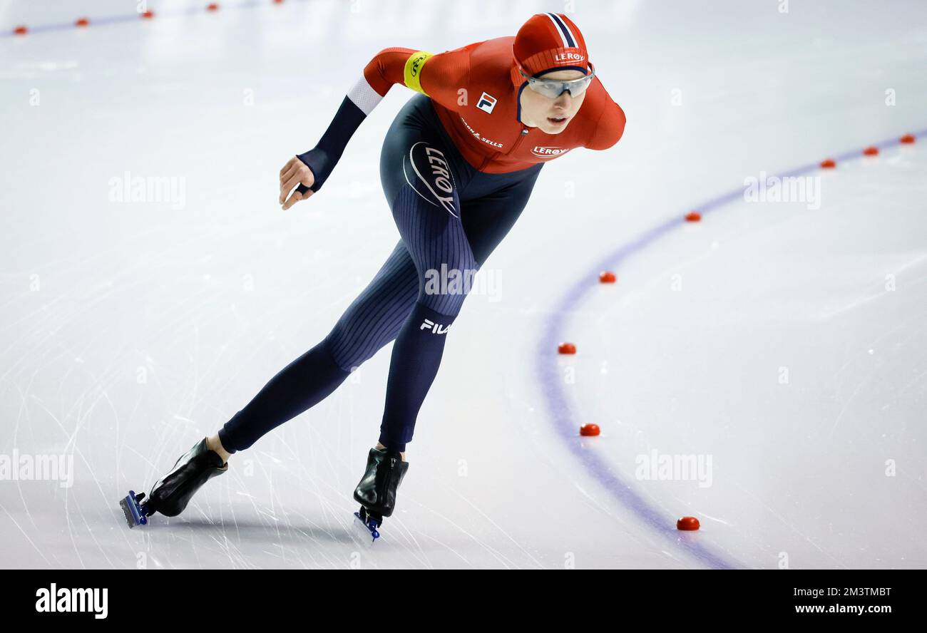 Norway's Ragne Wiklund skates during the women's 5000-metre competition ...