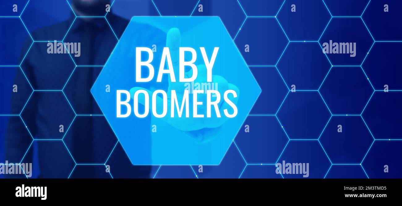 Text caption presenting Baby Boomers. Word for person who is born in ...