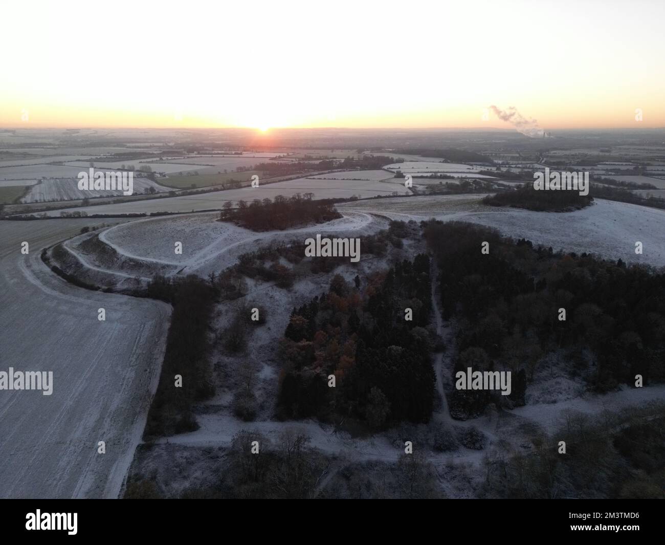 Wittenham Clumps Autumn snow aerial photography. Winter landscape ...