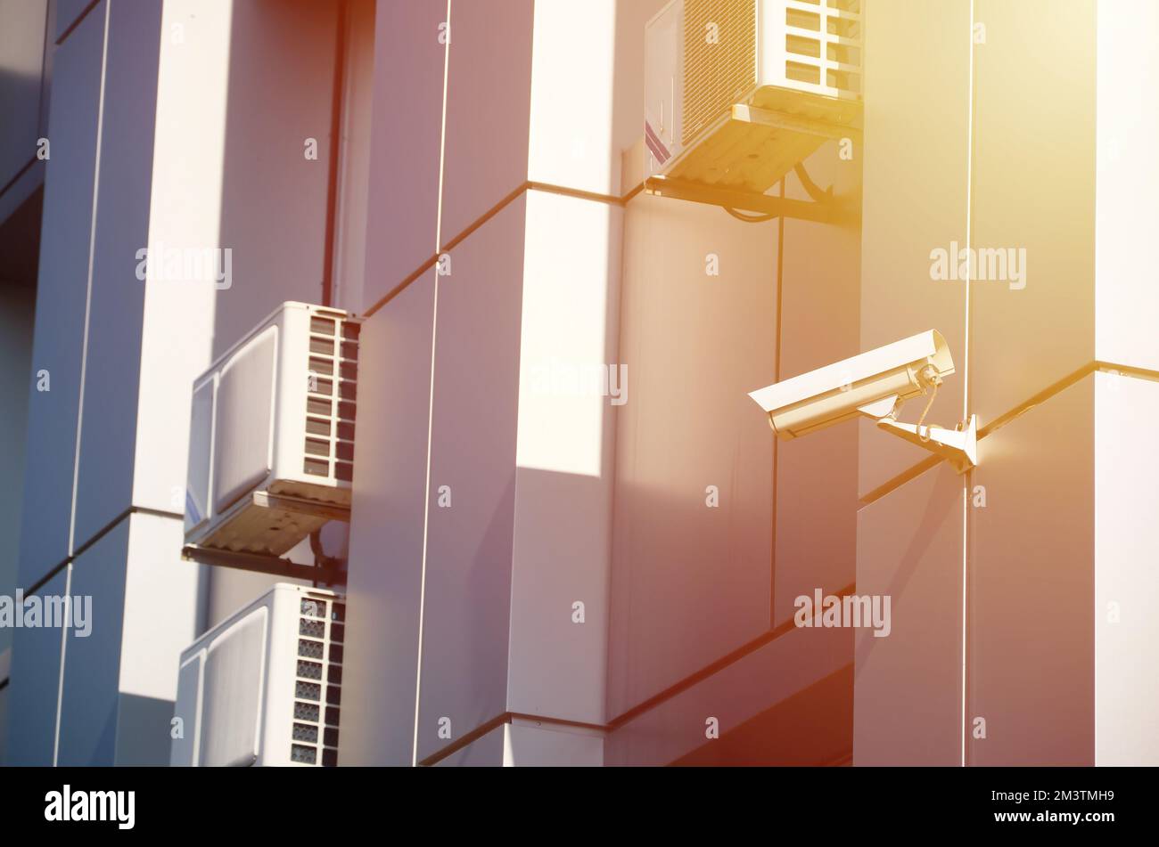 Many HVAC air conditioning and ventilation systems on wall. Outdoor Air ...