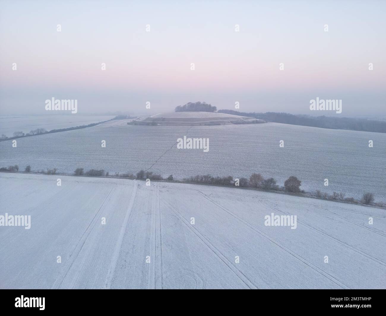 Wittenham Clumps Autumn snow aerial photography. Winter landscape ...