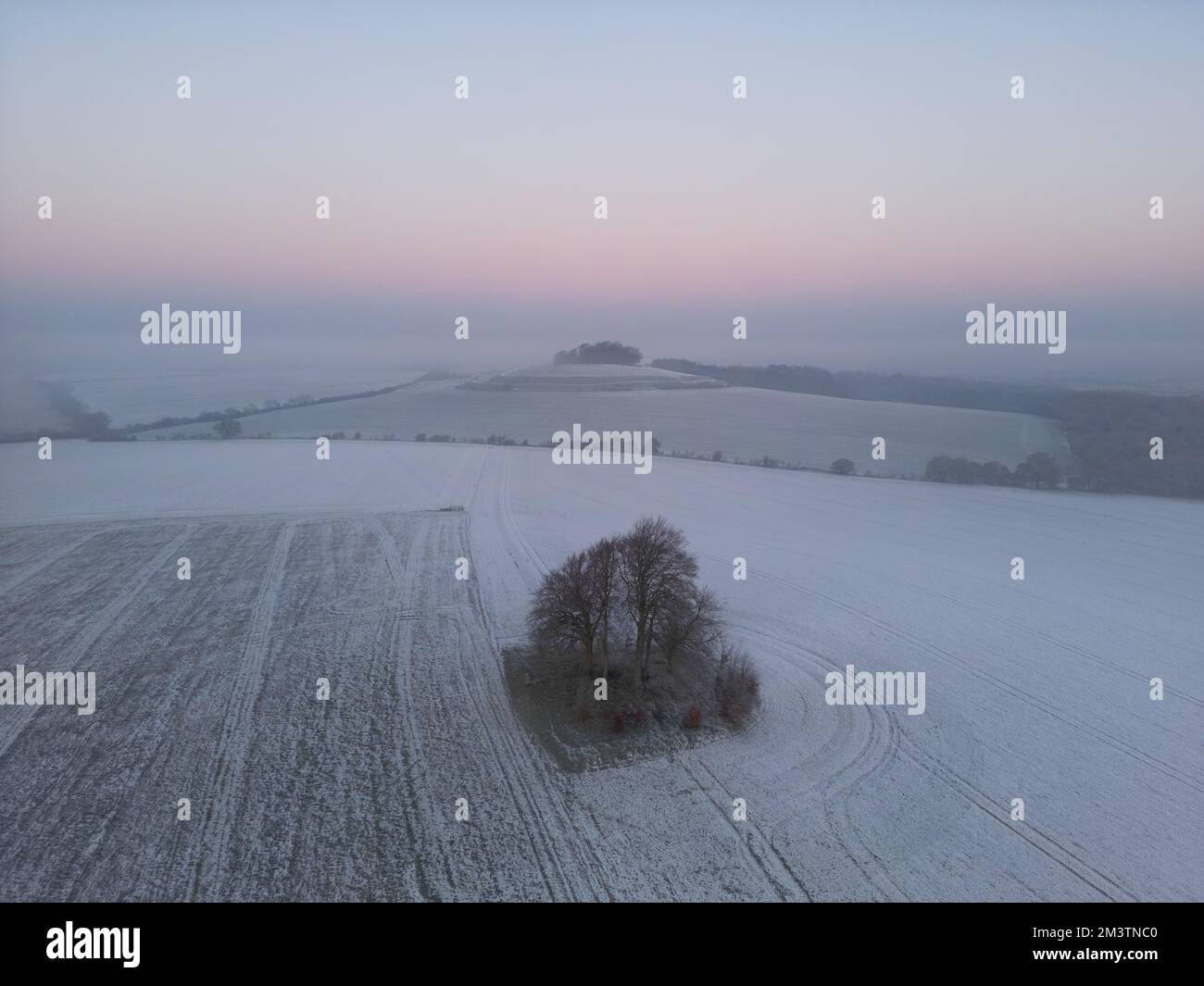 Wittenham Clumps Autumn snow aerial photography. Winter landscape ...