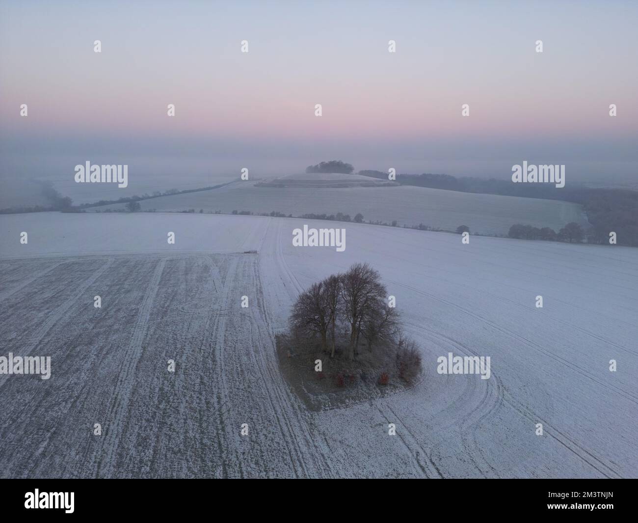 Wittenham Clumps Autumn snow aerial photography. Winter landscape ...