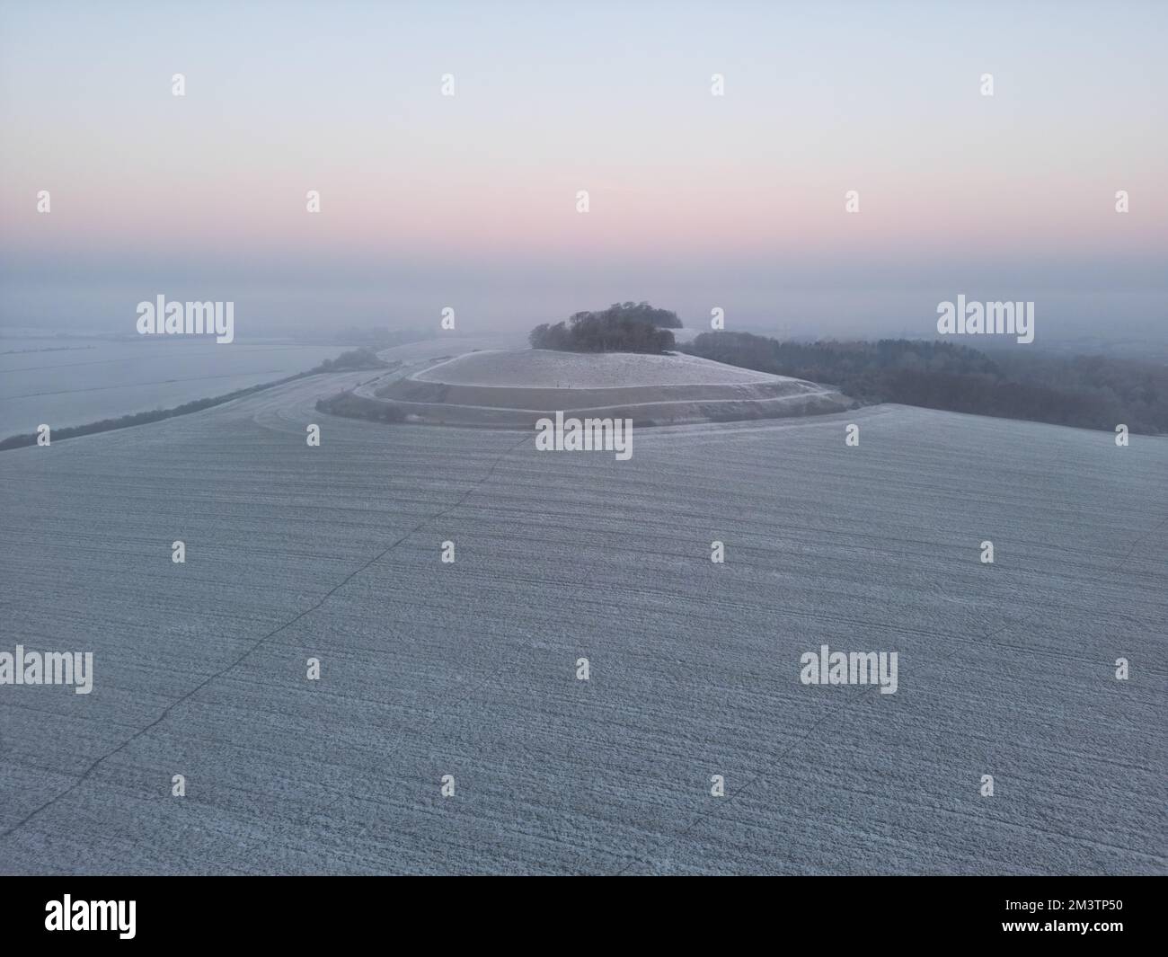 Wittenham Clumps Autumn snow aerial photography. Winter landscape ...