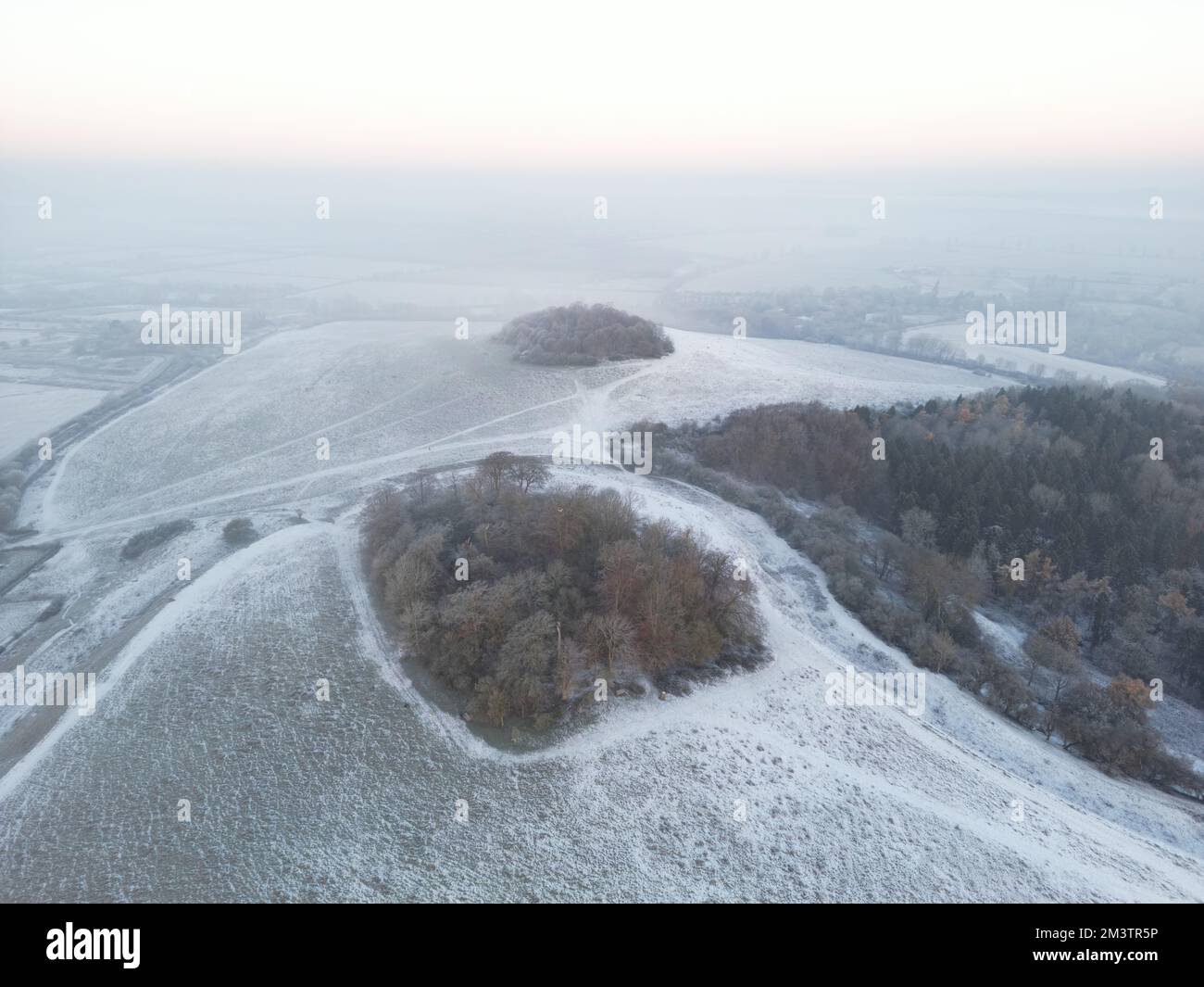 Wittenham Clumps Autumn snow aerial photography. Winter landscape ...