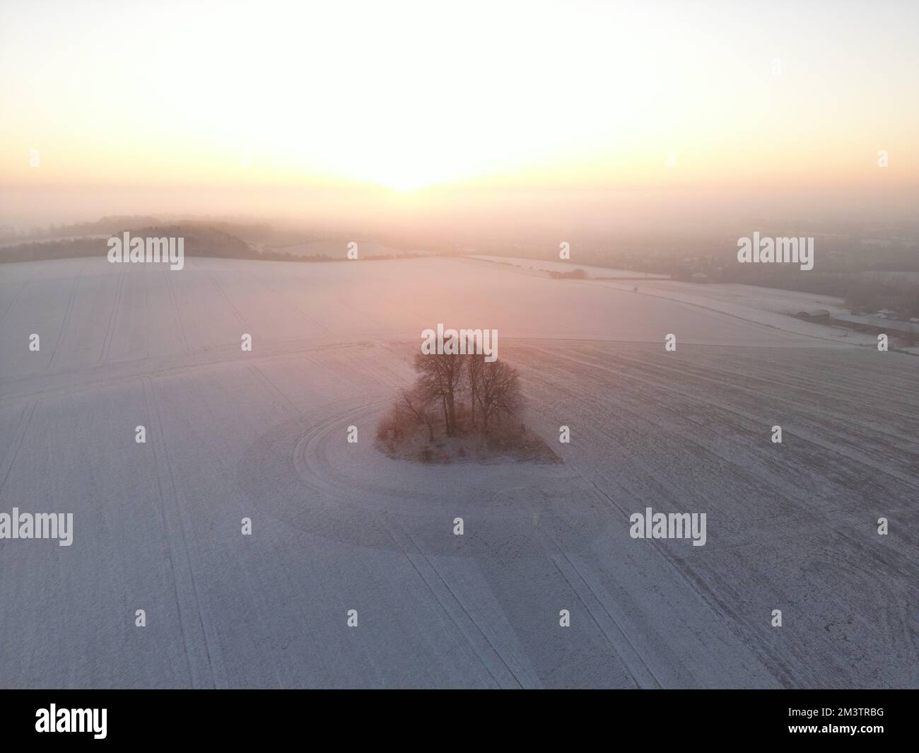 Wittenham Clumps Autumn snow aerial photography. Winter landscape ...