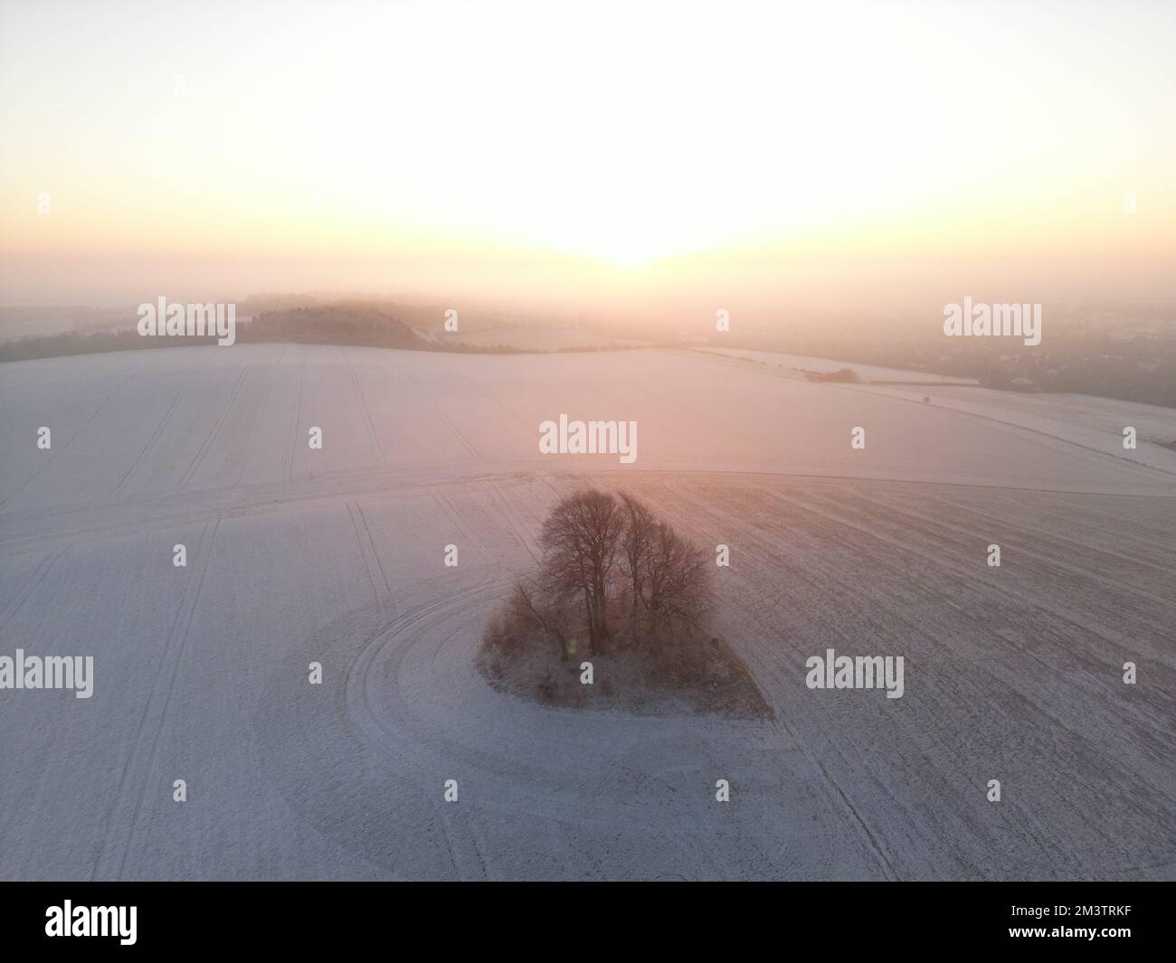 Wittenham Clumps Autumn snow aerial photography. Winter landscape ...