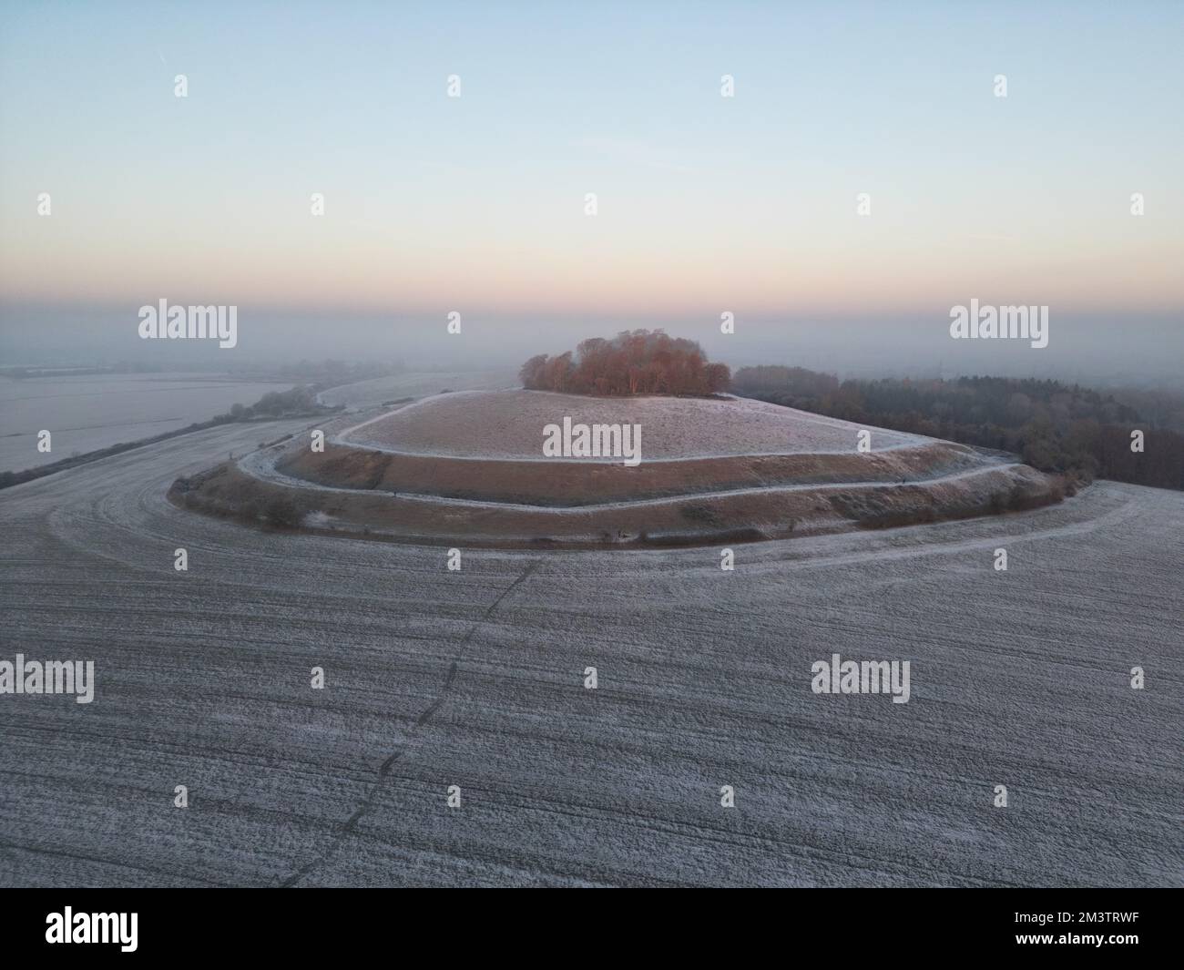 Wittenham Clumps Autumn snow aerial photography. Winter landscape ...