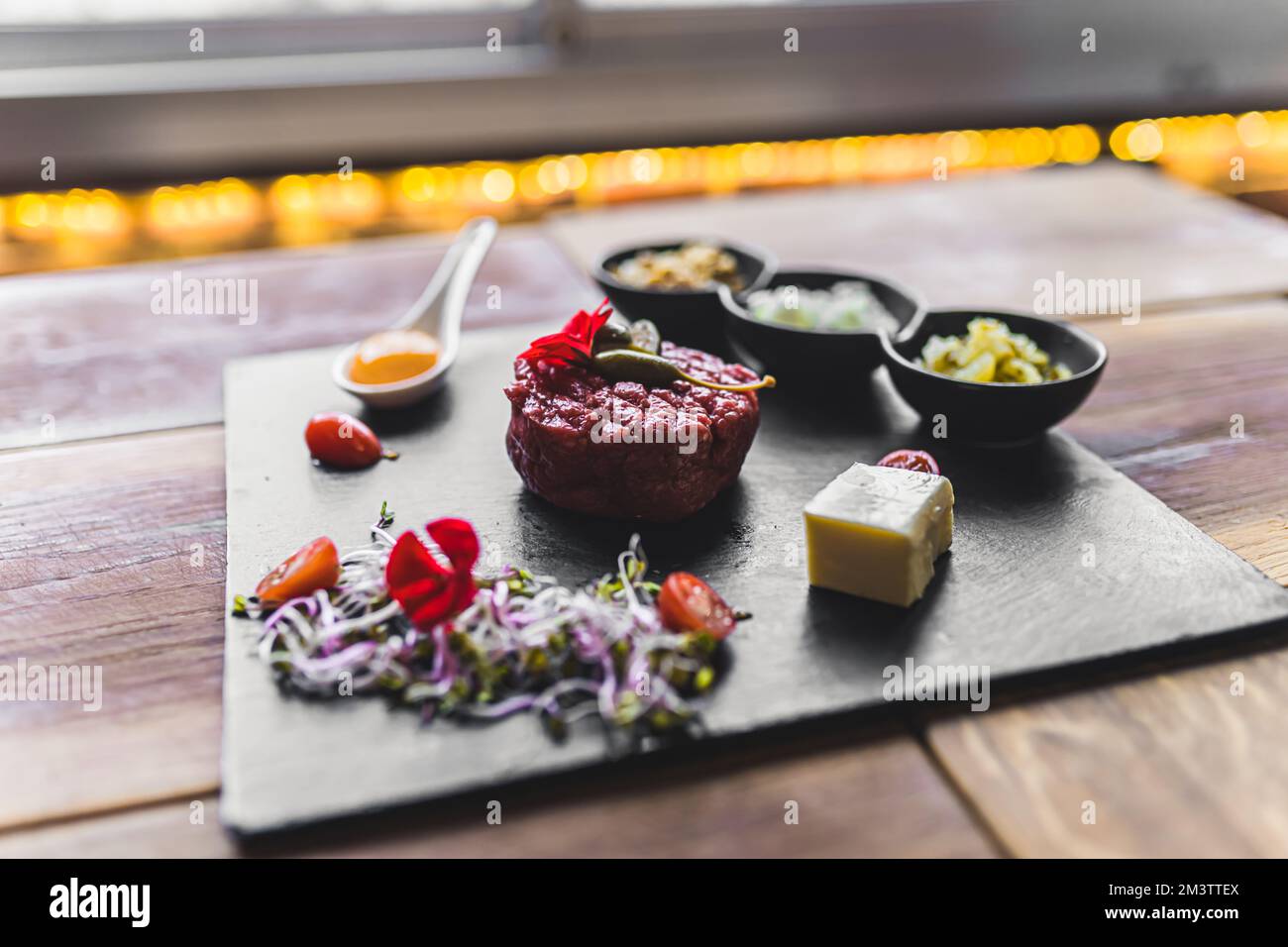 Traditional Polish cuisine. Raw meat. Smoked beef tartar served in ...
