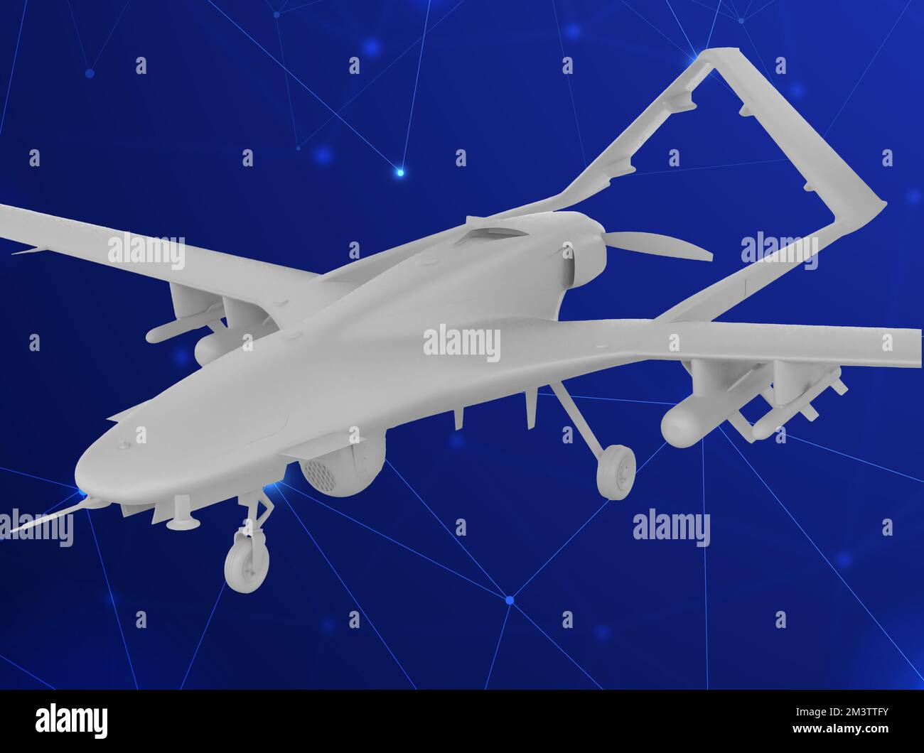 3d illustration Bayraktar TB2 unmanned aerial vehicle gliding through the clouds. Bayraktar TB2 ...