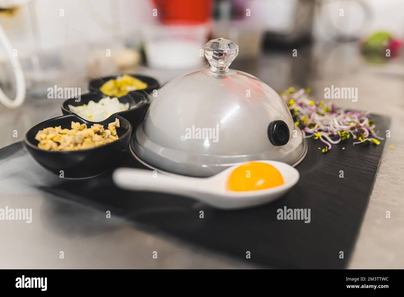 Beef tartare served in molecular way. Preparation of traditional Polish ...