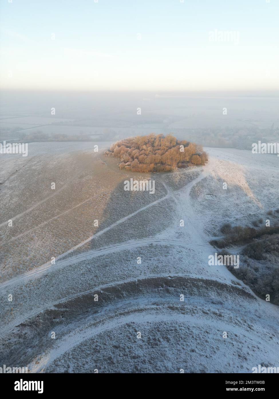 Wittenham Clumps Autumn snow aerial photography. Winter landscape ...