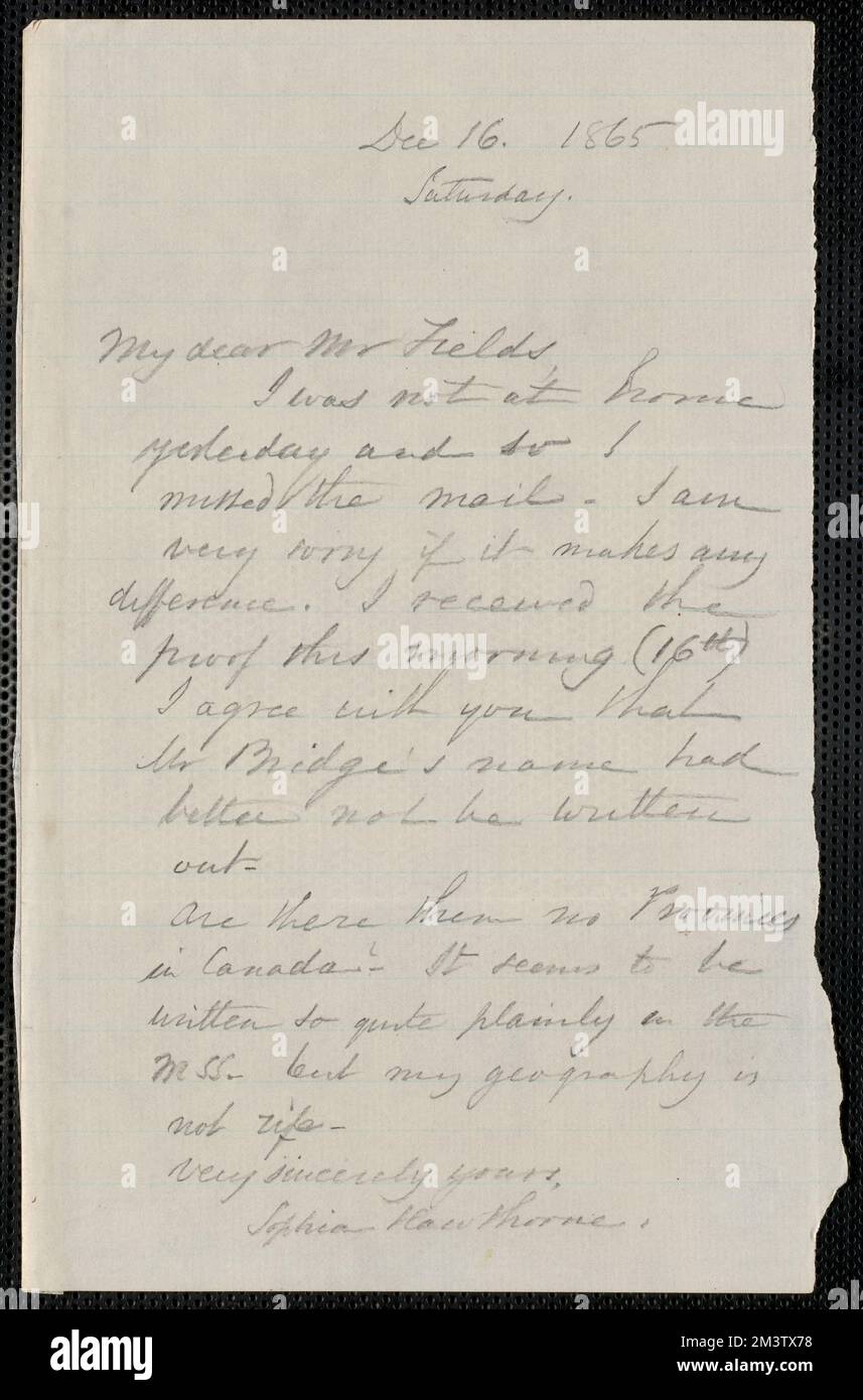 Sophia Hawthorne autograph letter signed to James Thomas Fields ...
