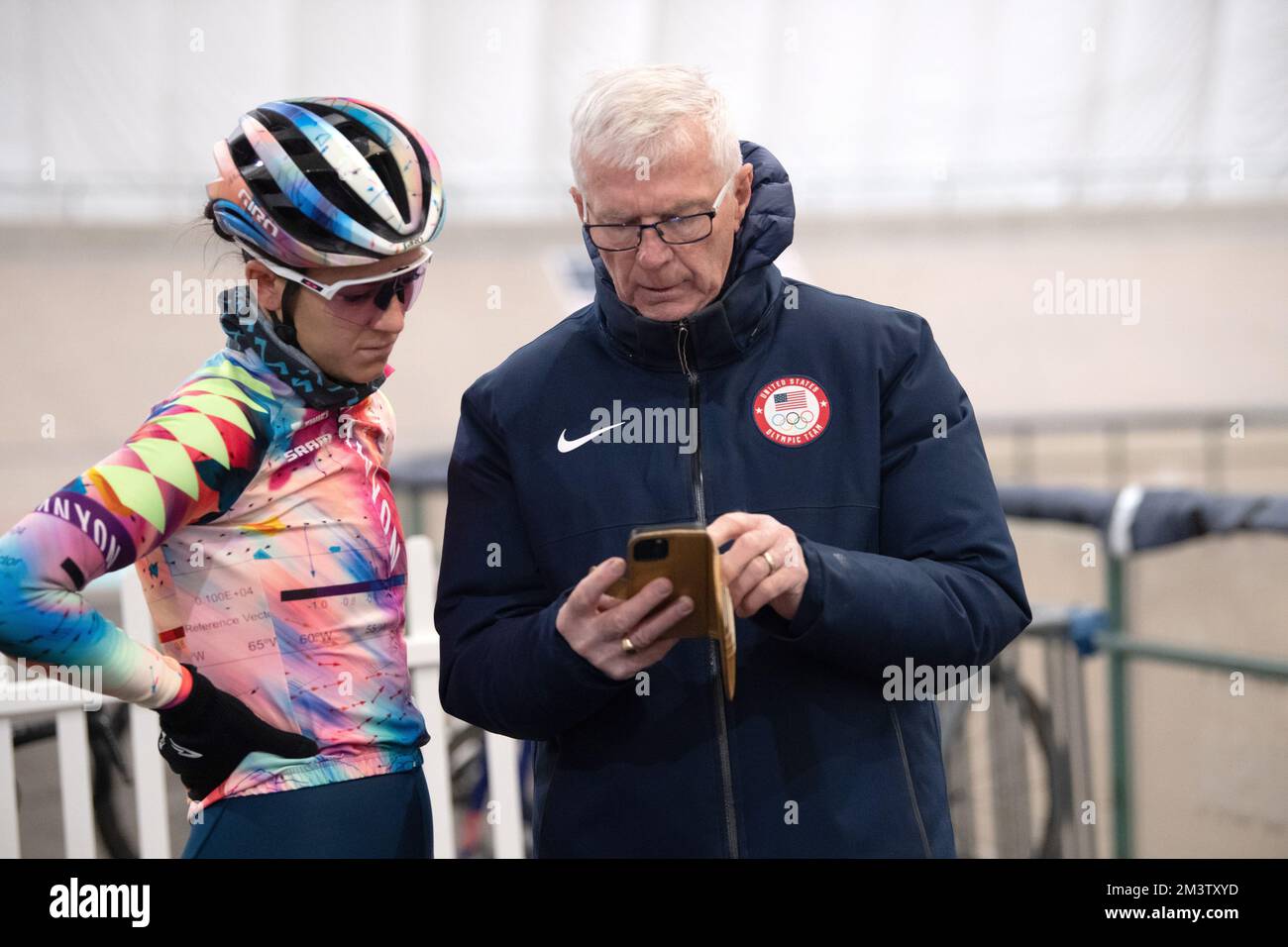 Chloe Dygert confers with with USA Cycling endurance coach Gary Sutton ...