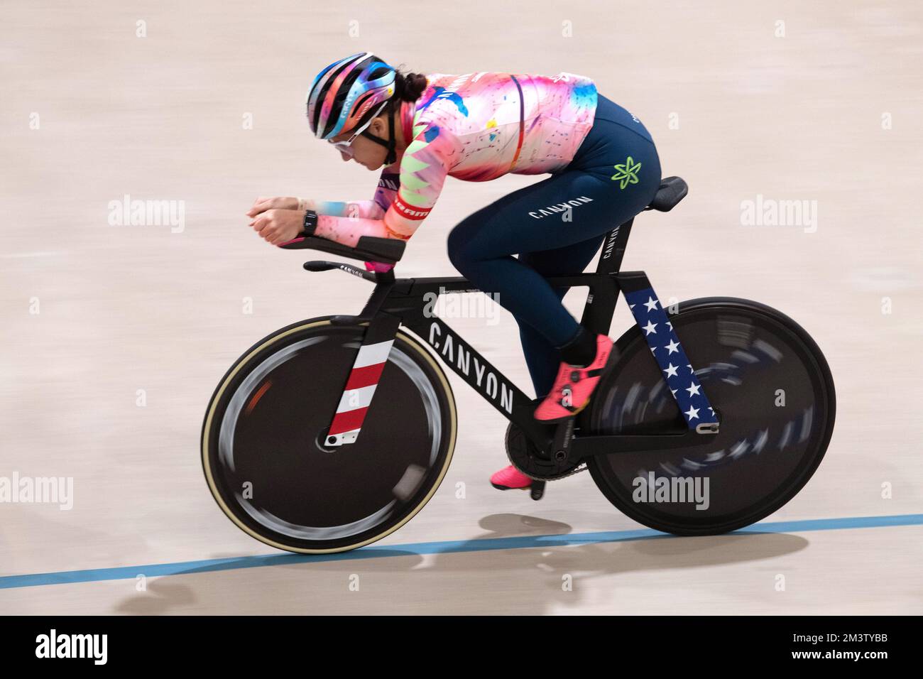 Individual pursuit World champion Chloe Dygert training on her new Canyon pursuit bike at the 7 ...