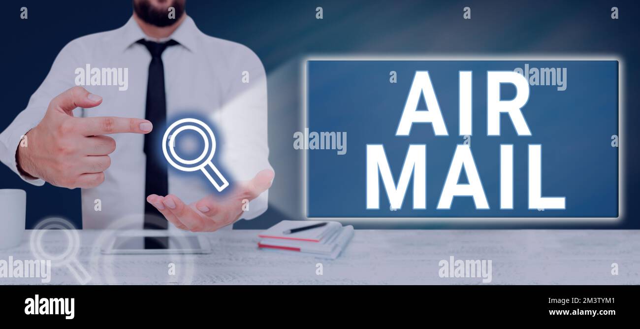 Hand writing sign Air Mail. Word Written on the bags of letters and ...