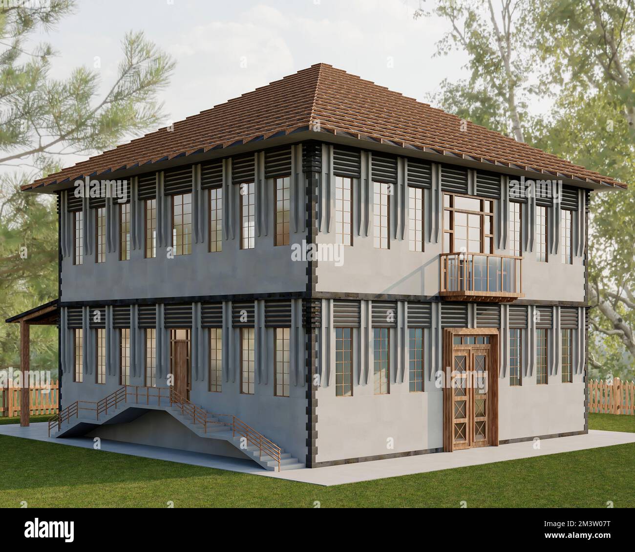 large house, palace, with two floors, square and with large glass ...