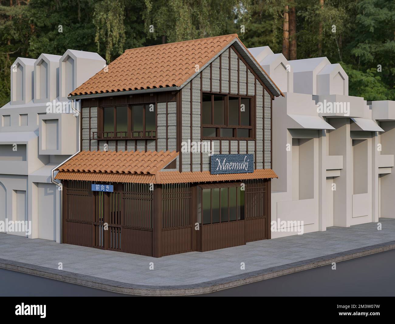 Japanese corner house with the signs and labels in Japanese of the ...