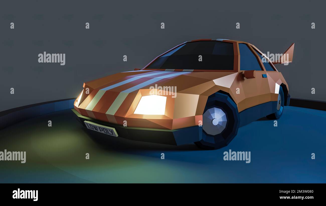 3d illustration of a single car with orange yellow spoiler and two low ...