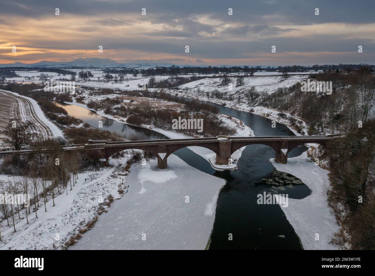 Ladykirk and Norham Bridge crossing the River Tweed one of three ...