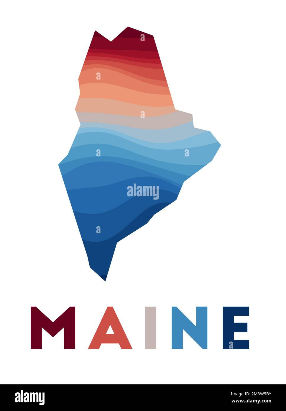 Maine map. Map of the US state with beautiful geometric waves in red ...