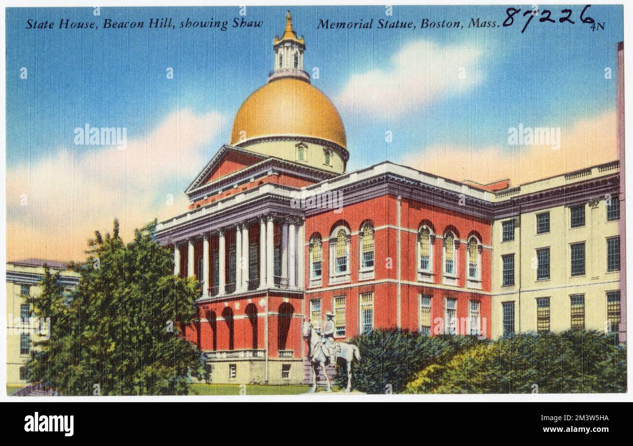 State House, Beacon Hill, showing Shaw Memorial Statue, Boston, Mass ...