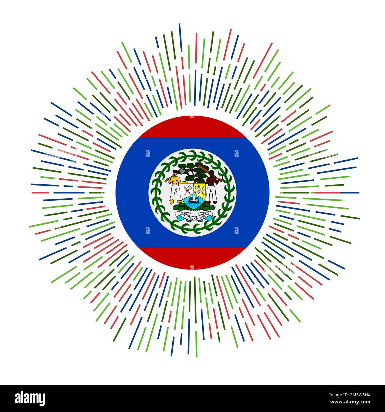 Belize sign. Country flag with colorful rays. Radiant sunburst with ...