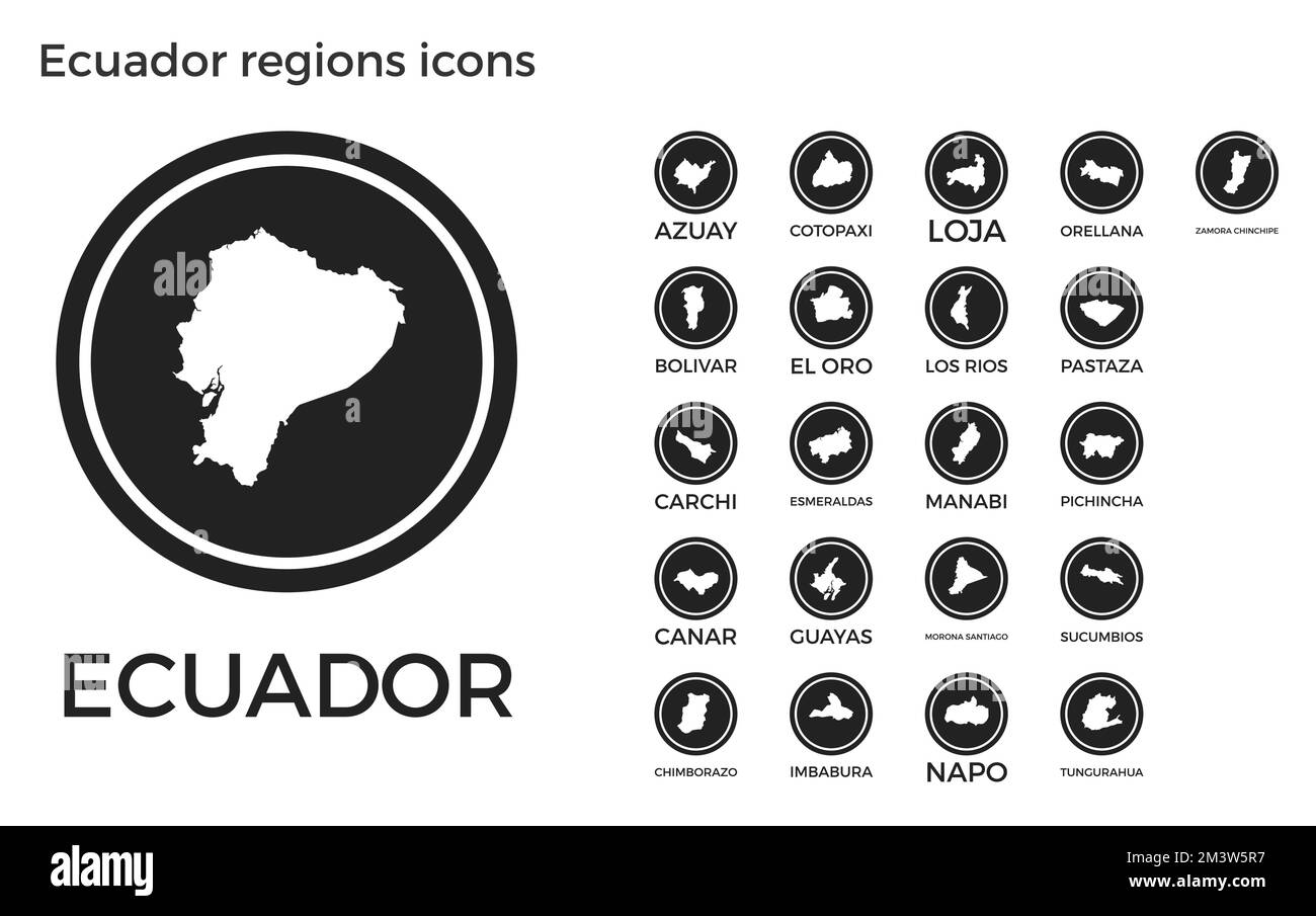 Ecuador regions icons. Black round logos with country regions maps and ...