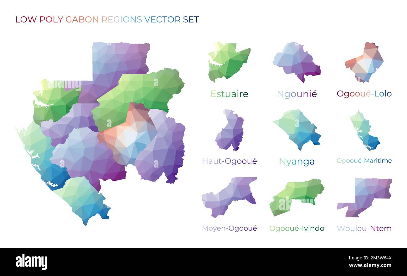 Gabonese low poly regions. Polygonal map of Gabon with regions. Geometric maps for your design ...