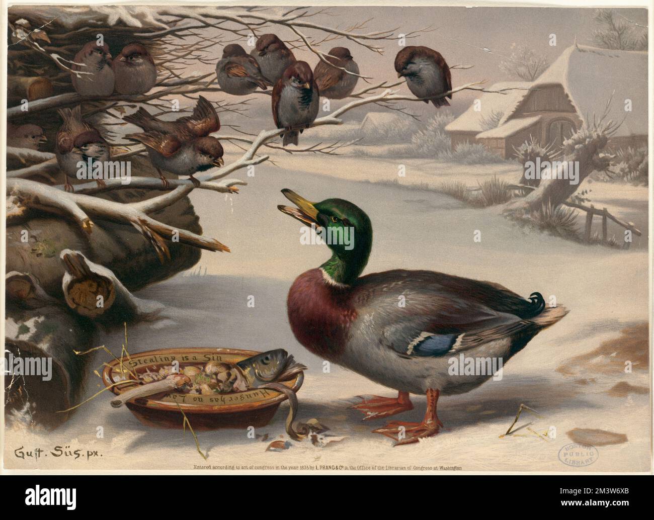 Stealing is a sin , Birds, Animal feeding, Snow. Louis Prang & Company ...