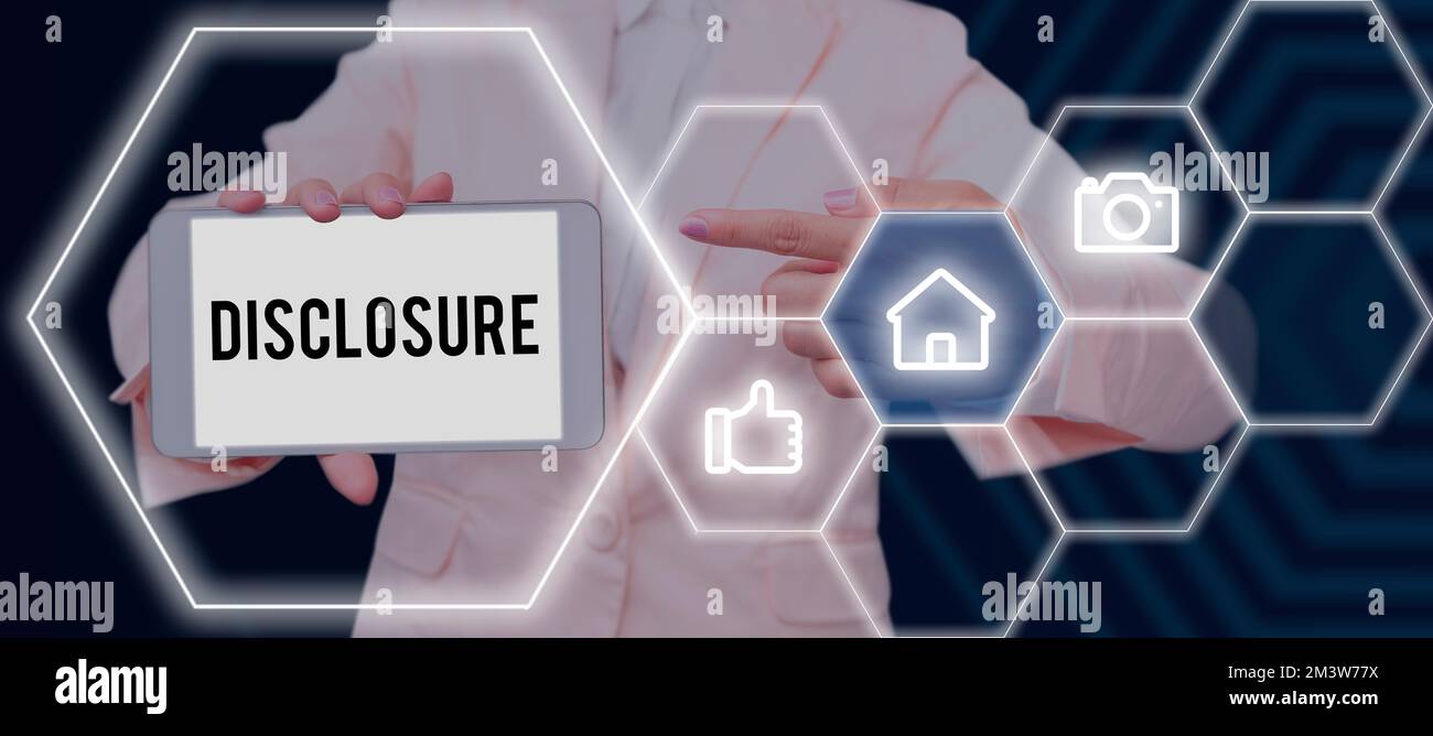 Sign displaying Disclosure. Business overview The action of making New ...