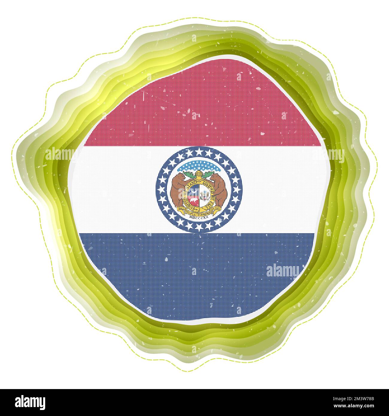 Missouri flag in frame. Badge of the US state. Layered circular sign around Missouri flag ...