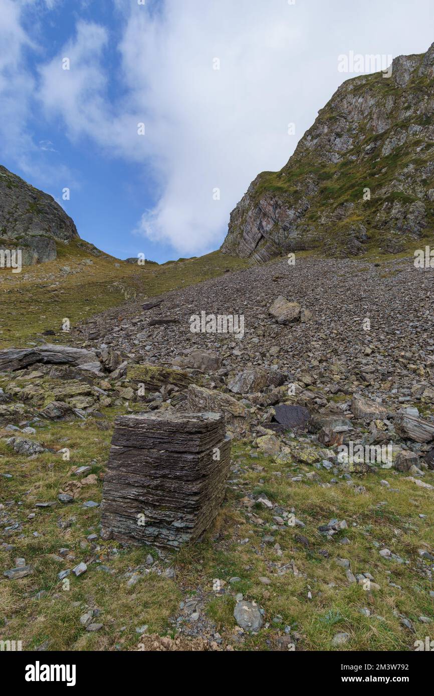 Col de Lurien mountain pass in Pyrenees mountains with field of stones ...