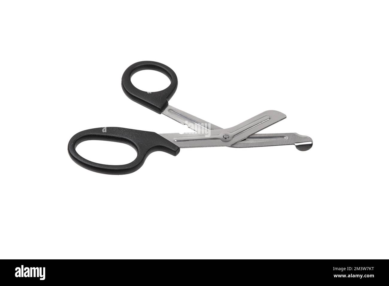 Medical metal scissors with black plastic handles. Paramedic tool ...