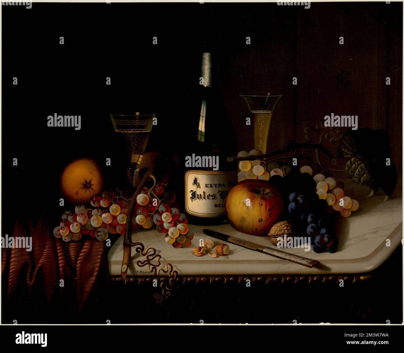 Still life , Wine, Fruit, Crystal glass, Knives. Louis Prang & Company ...