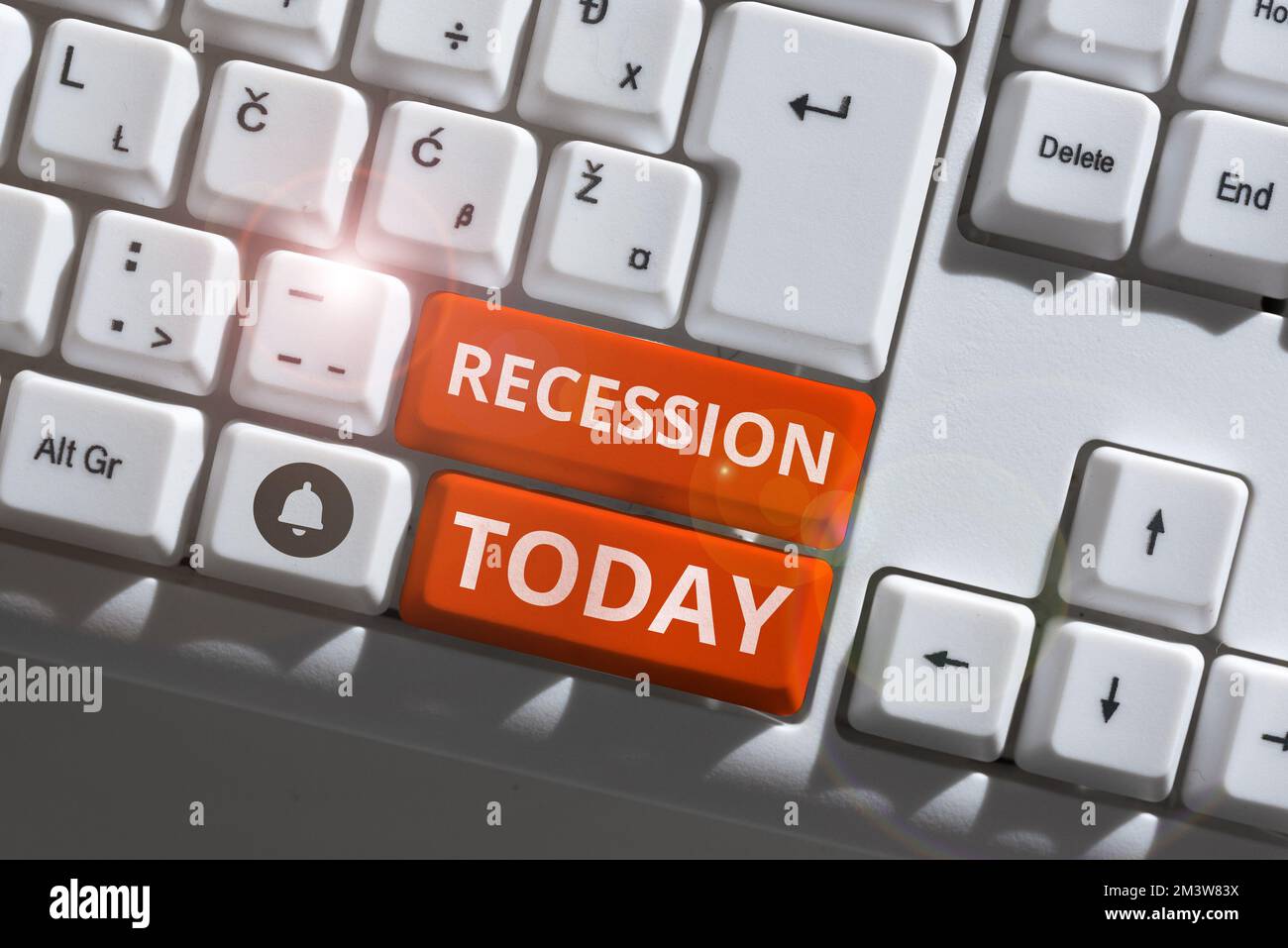 Hand writing sign Recession. Internet Concept the process of progressive decrease in growing ...