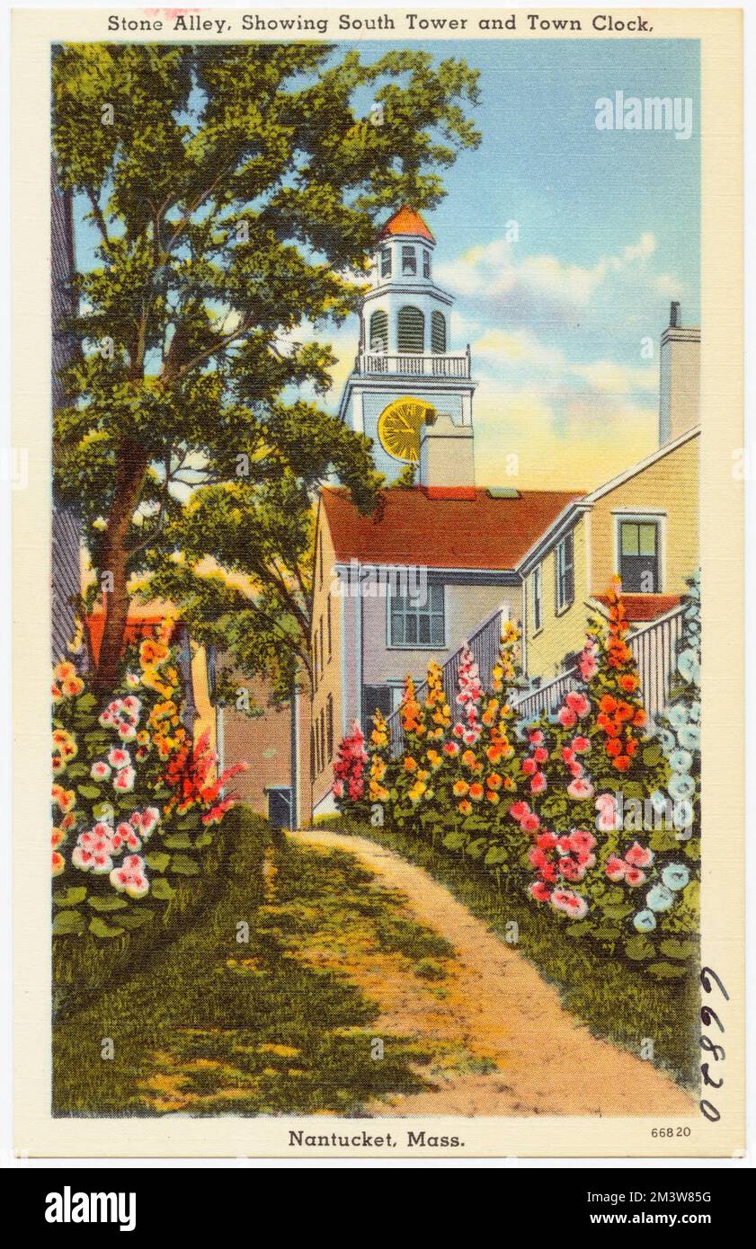 Stone Alley, showing South Tower and town clock, Nantucket, Mass ...
