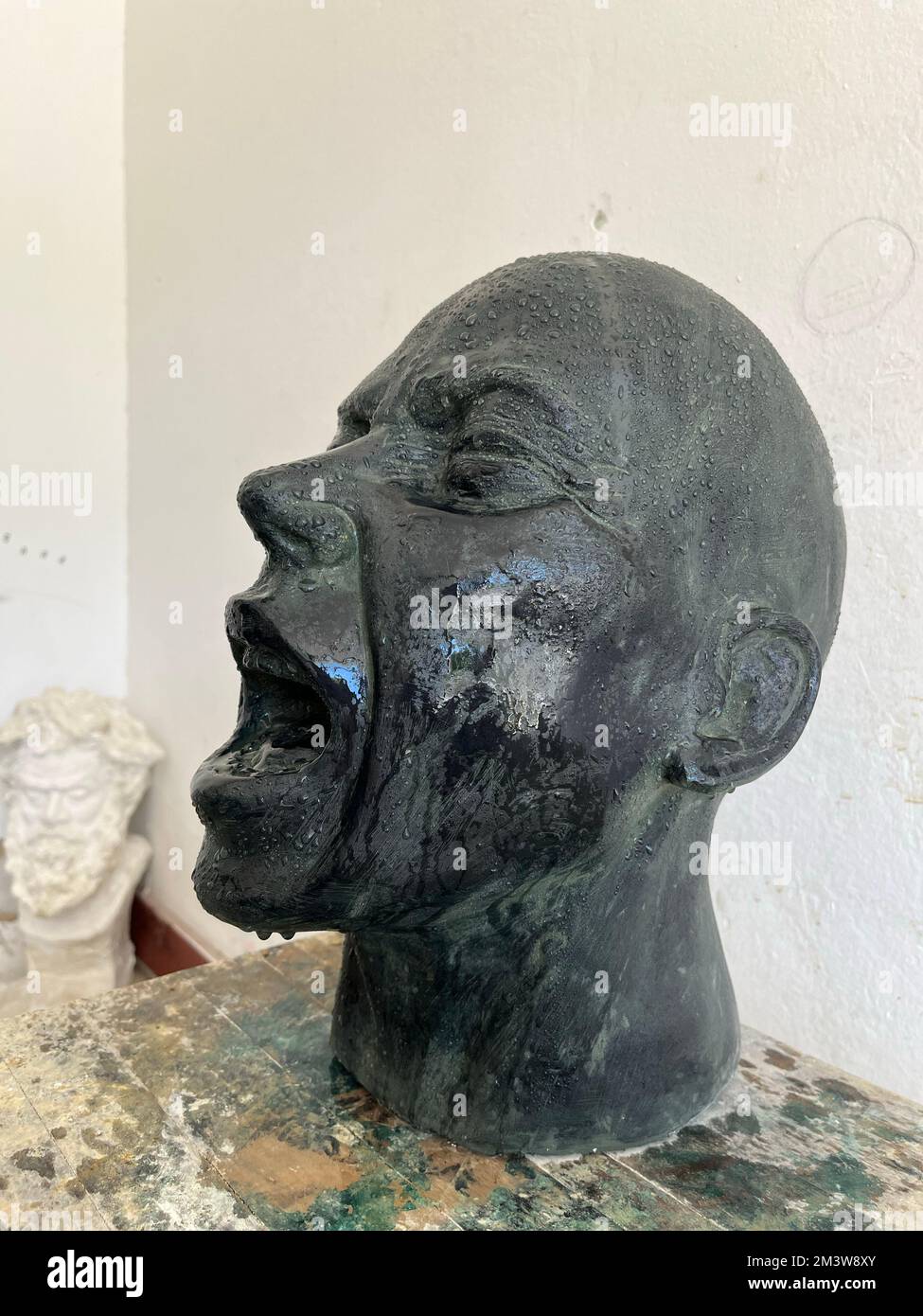 A vertical shot of a sculpture of a human head which represent a cry in ...