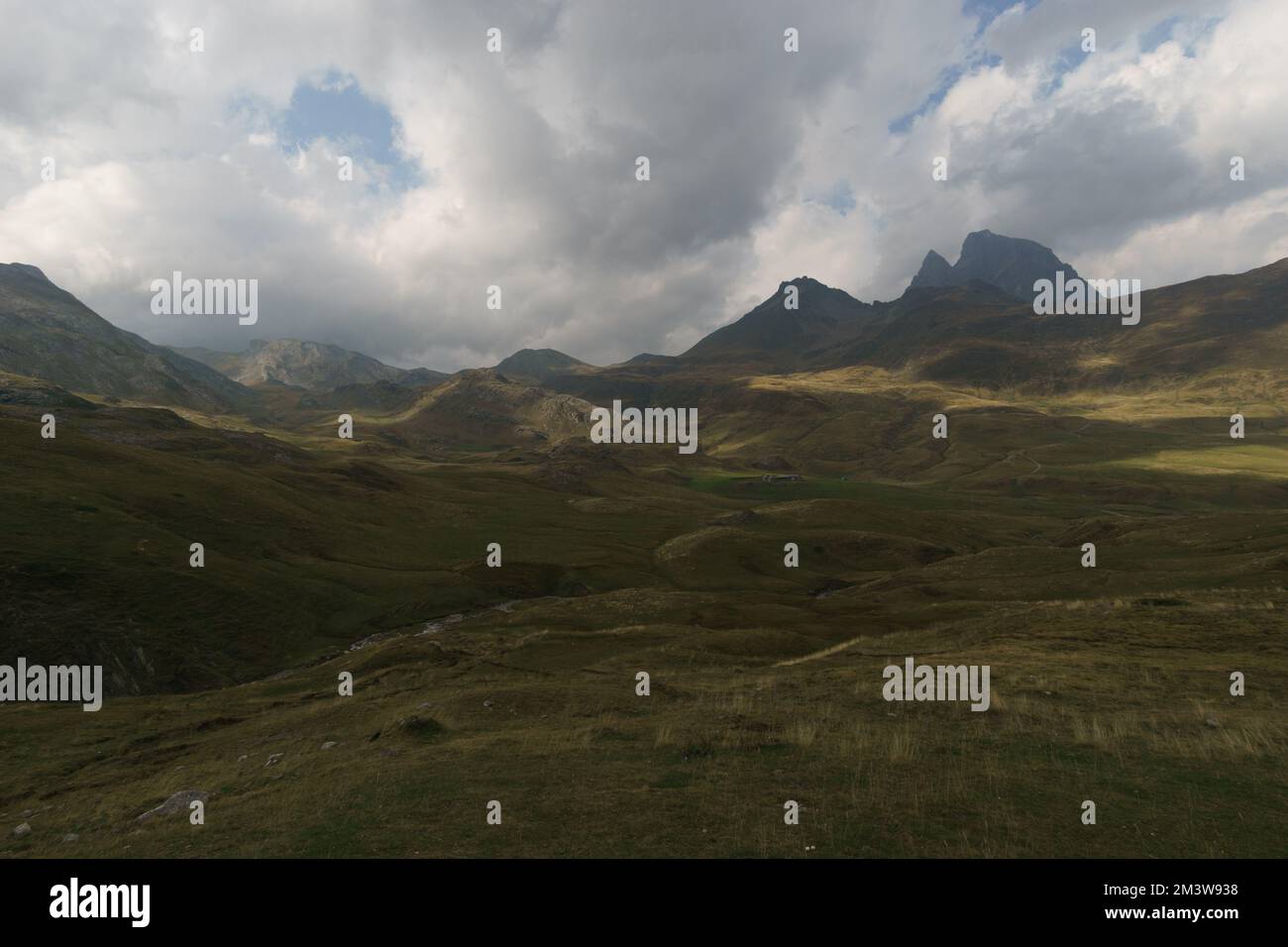 Landscape with meadow at the Col du Pourtalet in the Pyrenees Mountains ...