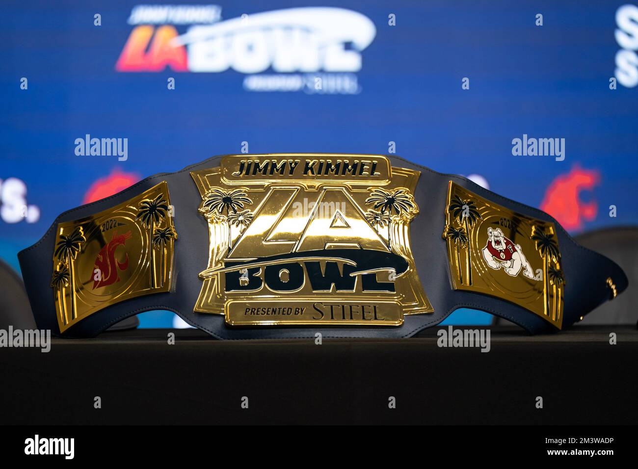 LA Bowl Championship belt during the Jimmy Kimmel LA Bowl Head Coaches ...