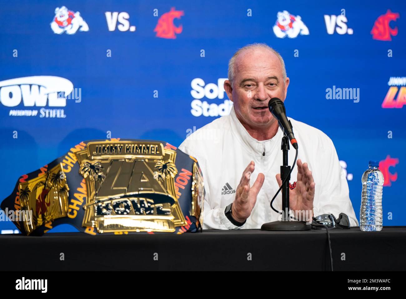 Fresno State Bulldogs head coach Jeff Tedford speaks during the Jimmy ...
