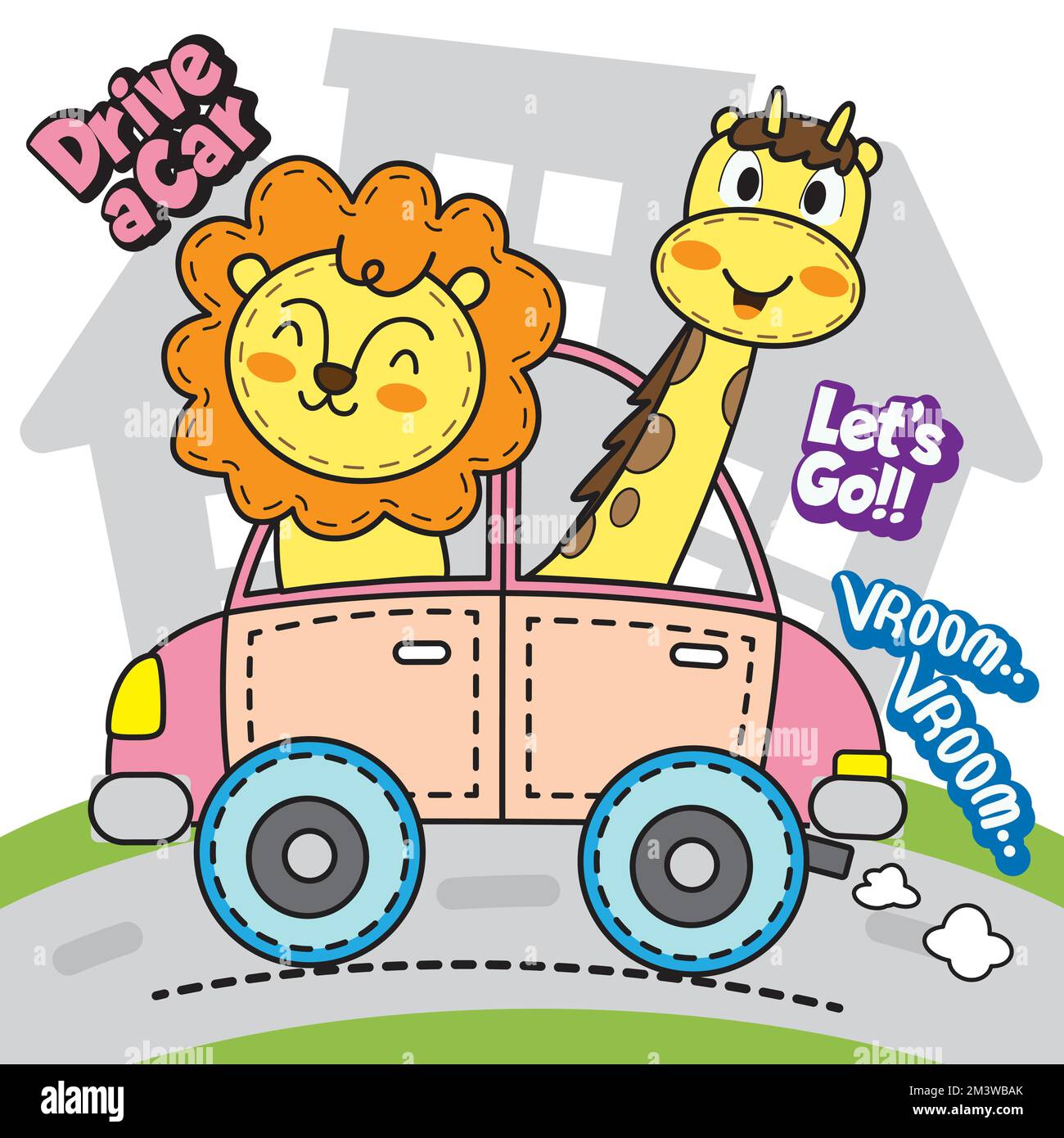 Cute animals driving car illustration for kids t shirt design Stock ...