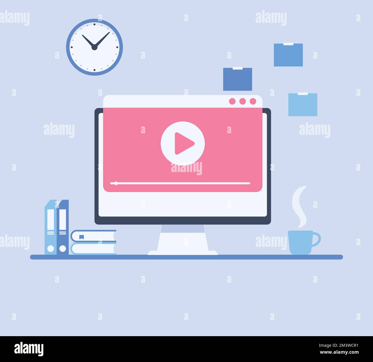 Modern workplace and working on computer with video player on screen ...