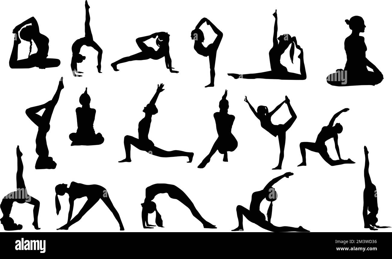 Various Yoga Girls Postures Silhouette Set Of Vector Silhouette