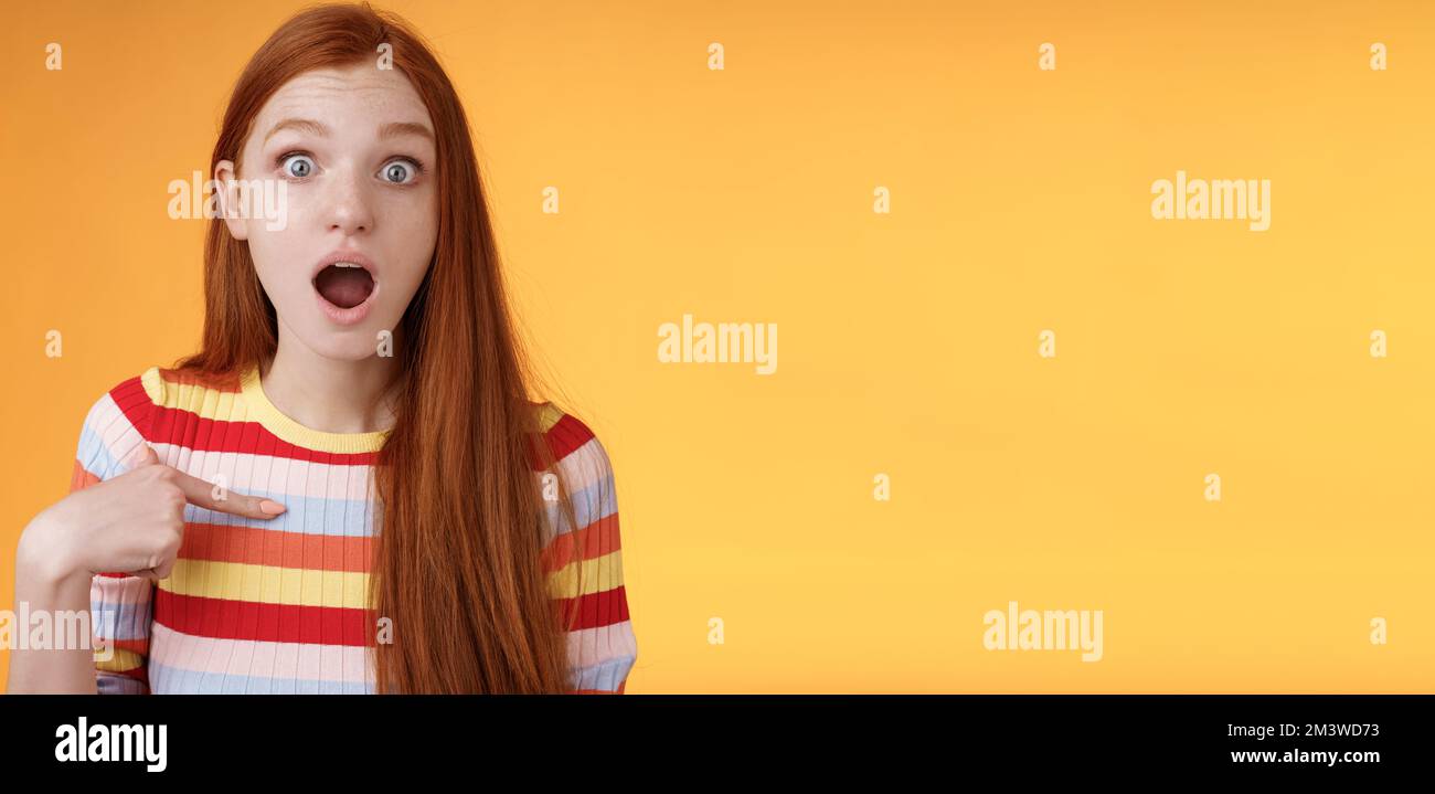 Shocked silly surprised redhead cute girl gasping drop jaw stunned ...