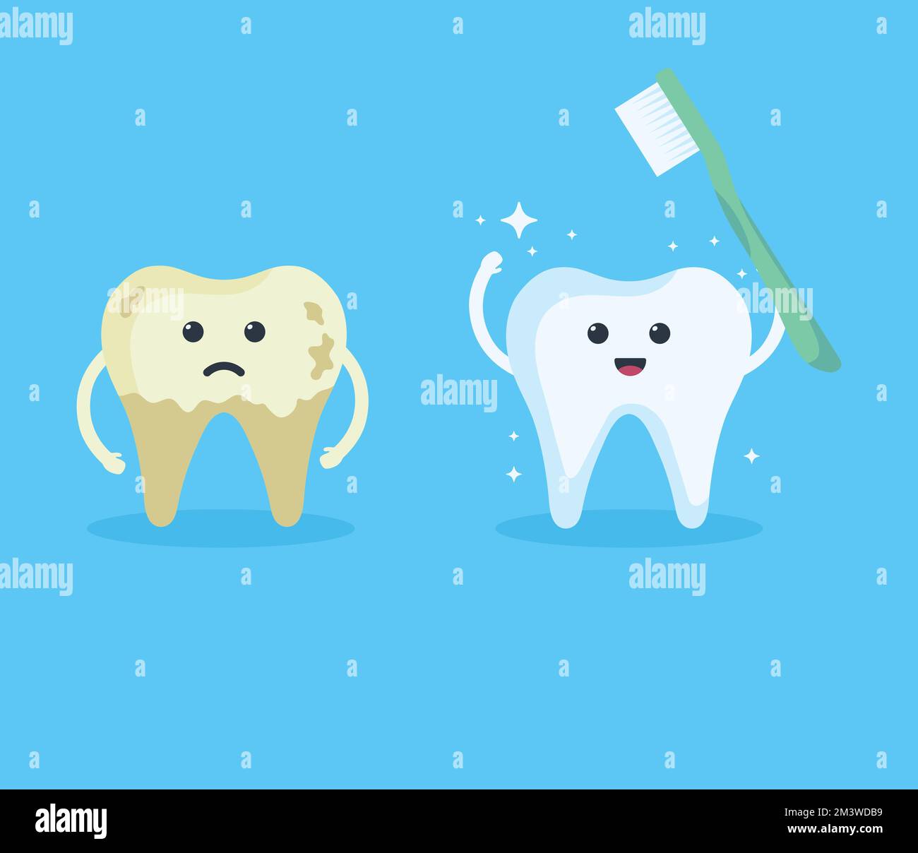 Cute healthy white and yellow spoiled sad tooth. children dentistry sad ...